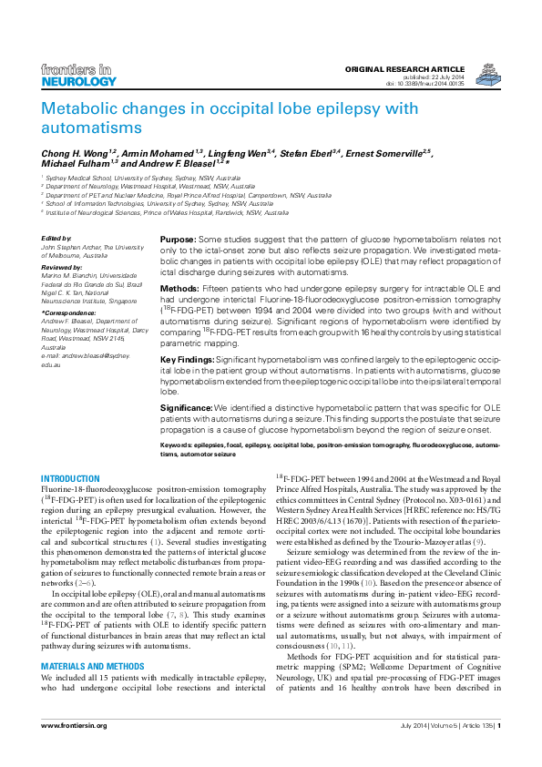 (PDF) Metabolic Changes in Occipital Lobe Epilepsy with Automatisms