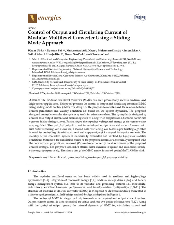 Pdf Control Of Output And Circulating Current Of Modular Multilevel Converter Using A Sliding