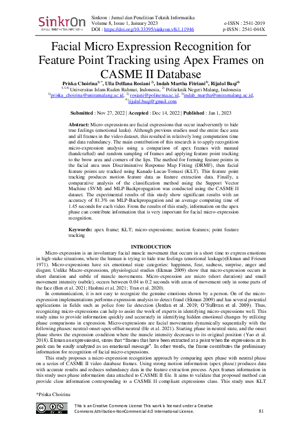 Pdf Facial Micro Expression Recognition For Feature Point Tracking Using Apex Frames On Casme 