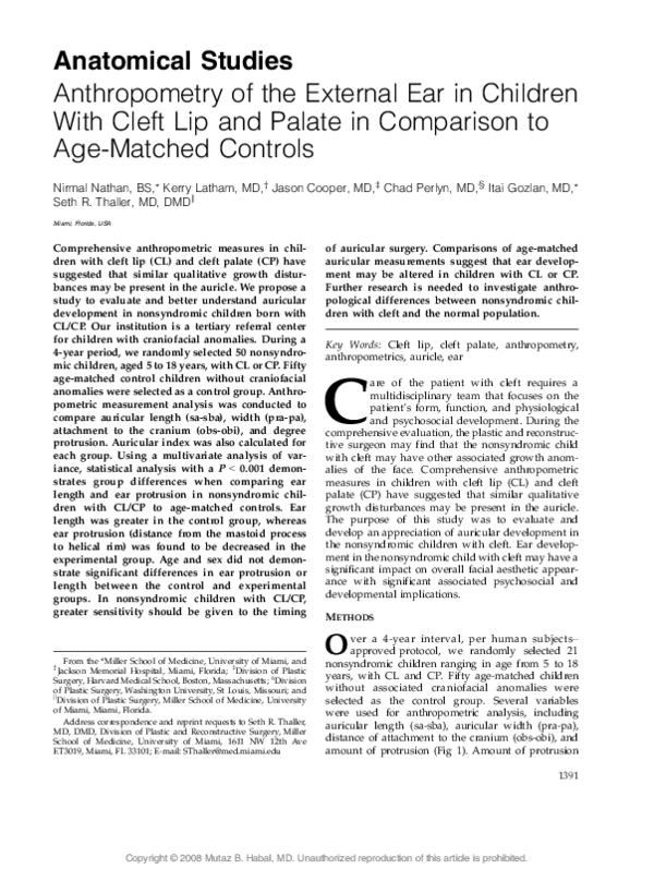 (PDF) Anthropometry of the External Ear in Children With Cleft Lip and ...