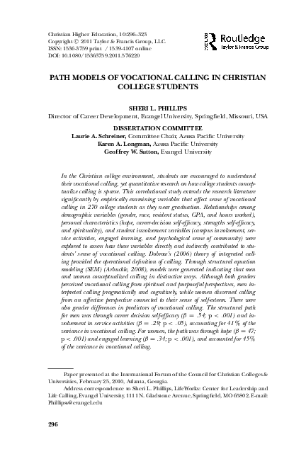 (PDF) Path Models of Vocational Calling in Christian College Students