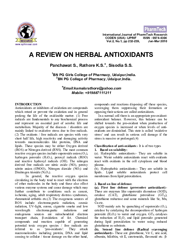 Pdf A Review On Herbal Antioxidants