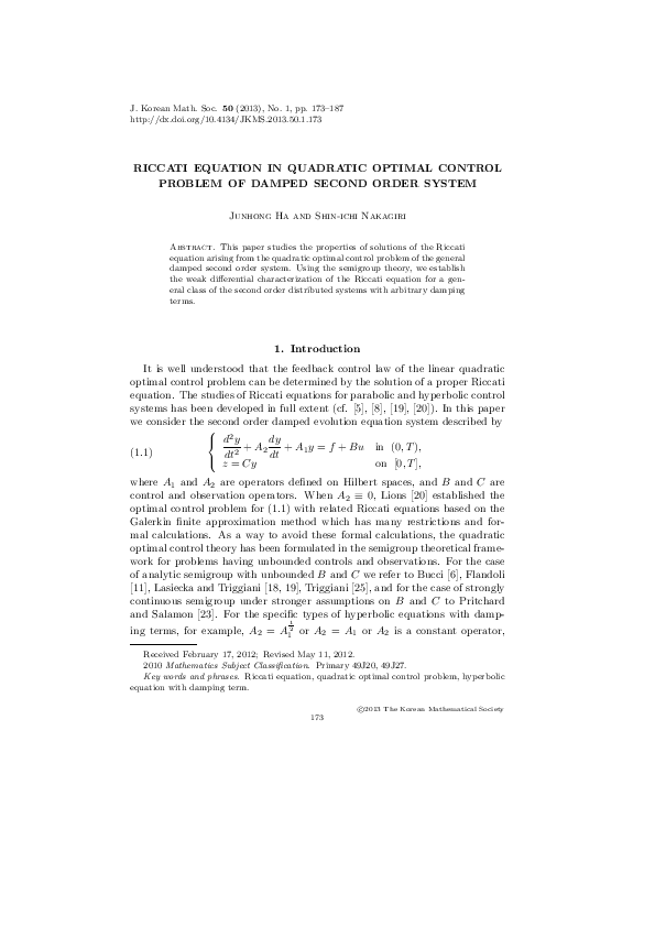 (PDF) Riccati Equation in Quadratic Optimal Control Problem of Damped Second Order System