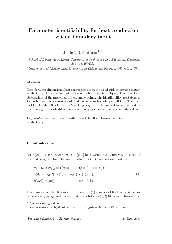 (PDF) Parameter identifiability for heat conduction with a boundary input