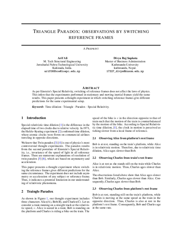 (PDF) Triangle Paradox: Observations by switching reference frames