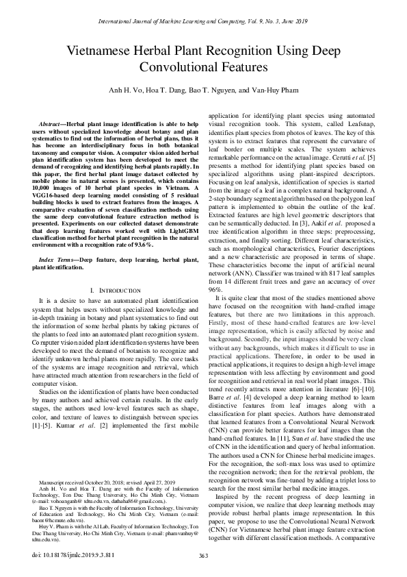 Pdf Vietnamese Herbal Plant Recognition Using Deep Convolutional Features