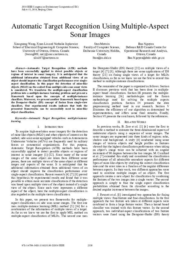 Pdf Automatic Target Recognition Using Multiple Aspect Sonar Images