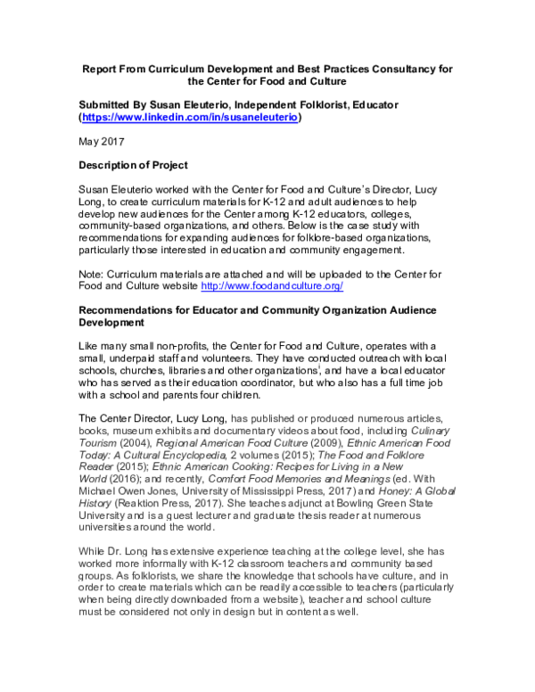 (PDF) Report From Curriculum Development and Best Practices Consultancy for the Center for Food ...