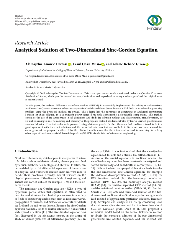 (PDF) Analytical Solution of Two-Dimensional Sine-Gordon Equation