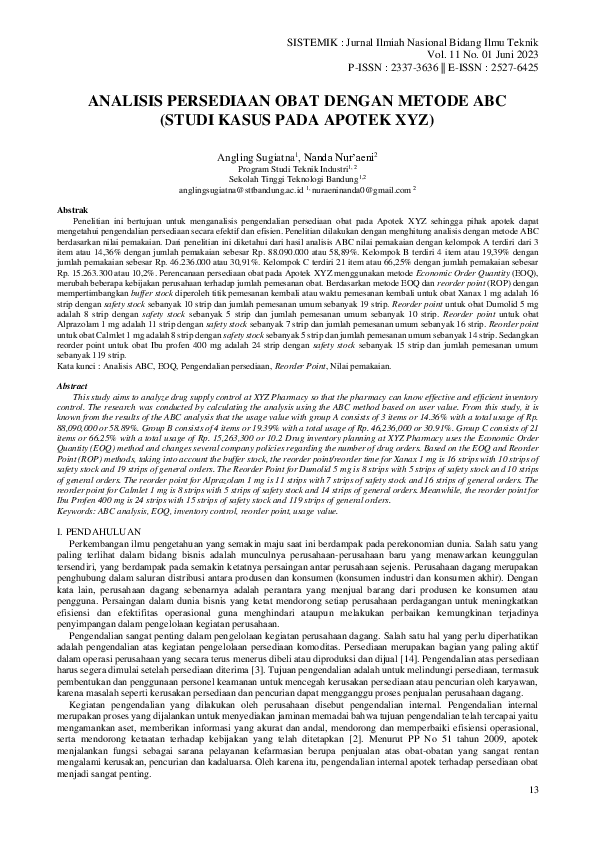 (PDF) Analisis Persediaan Obat Dengan Metode Abc (Studi Kasus Pada ...