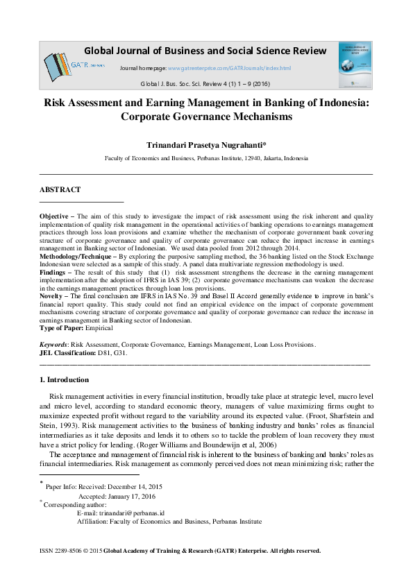 (PDF) Risk Assessment and Earning Management in Banking of Indonesia: Corporate Governance ...