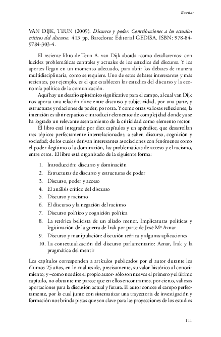 (PDF) VAN DIJK, Teun (2009). Discurso y poder. Contribuciones a los estudios críticos del ...