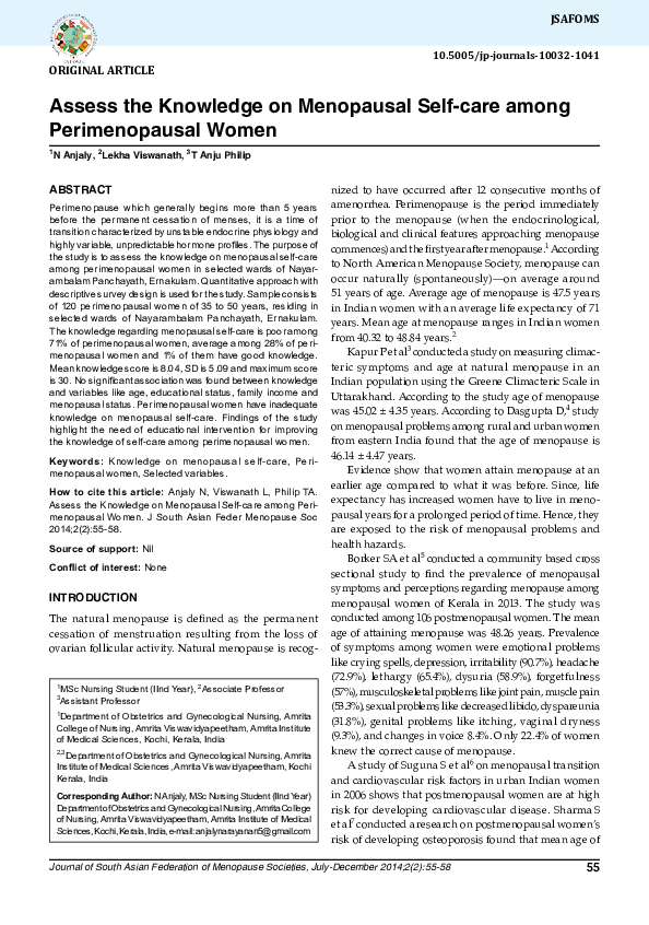 (PDF) Assess the Knowledge on Menopausal Self-care among Perimenopausal ...