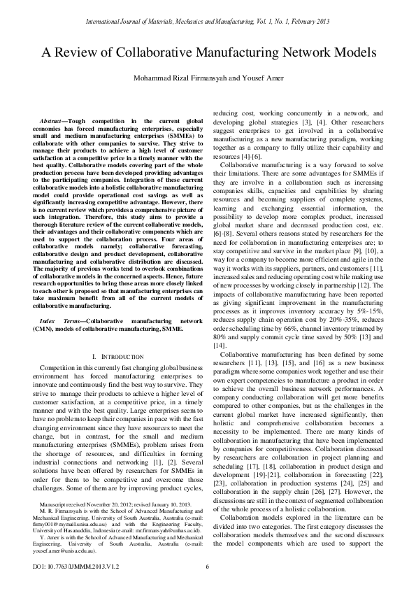 (PDF) A Review of Collaborative Manufacturing Network Models