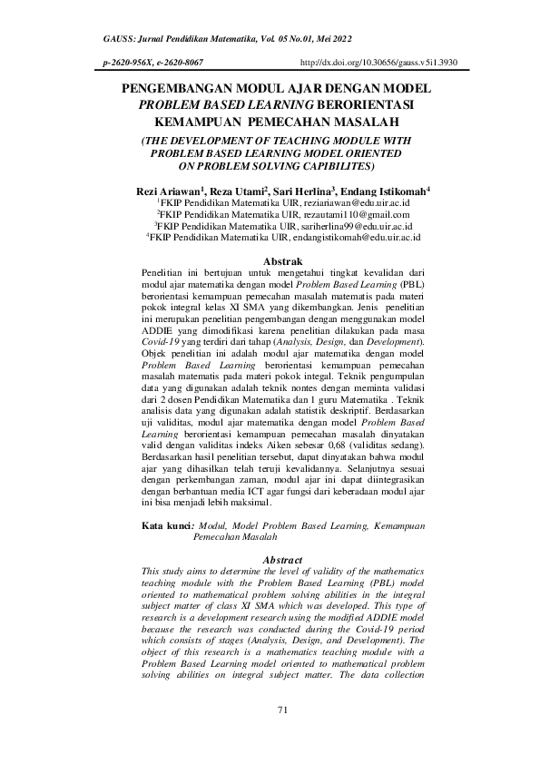 (PDF) Pengembangan Modul Ajar dengan Model Problem Based Learning Berorientasi Kemampuan ...