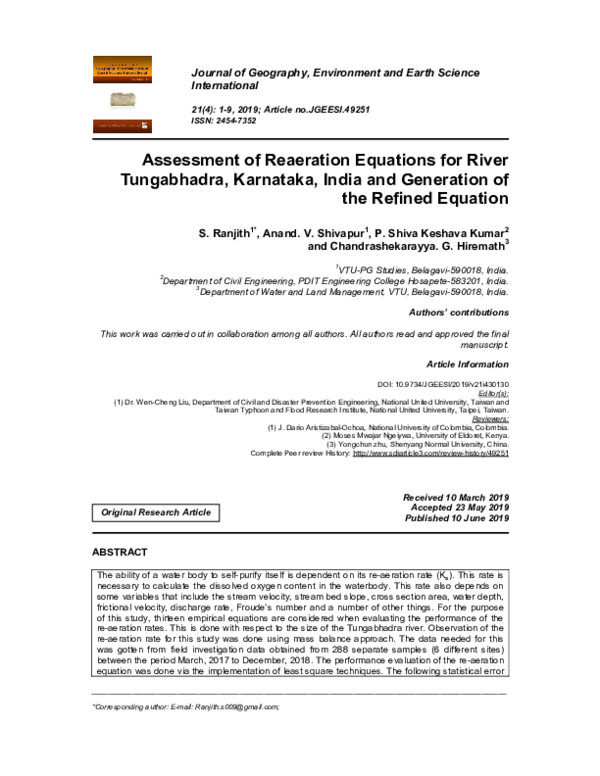 (PDF) Assessment of Reaeration Equations for River Tungabhadra ...