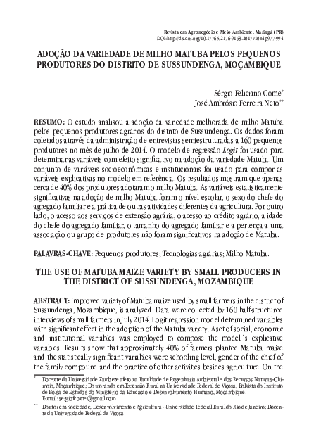 (PDF) Adoção Da Variedade De Milho Matuba Pelos Pequenos Produtores Do ...
