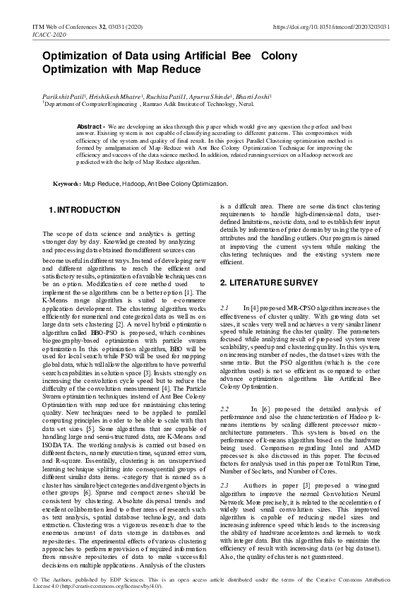 Pdf Optimization Of Data Using Artificial Bee Colony Optimization With Map Reduce
