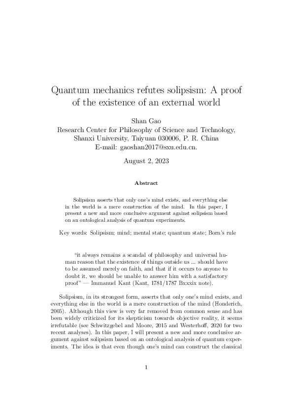 (PDF) Quantum mechanics refutes solipsism: A proof of the existence of ...