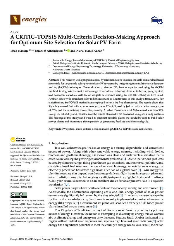 (PDF) A CRITIC–TOPSIS Multi-Criteria Decision-Making Approach for Optimum Site Selection for ...