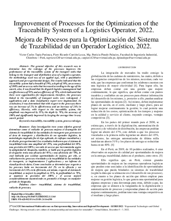 (PDF) Improvement of processes for the optimization of the traceability system of a logistics ...