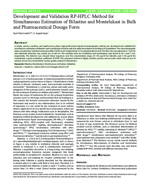 Pdf Development And Validation Rp Hplc Method For Simultaneous Estimation Of Bilastine And