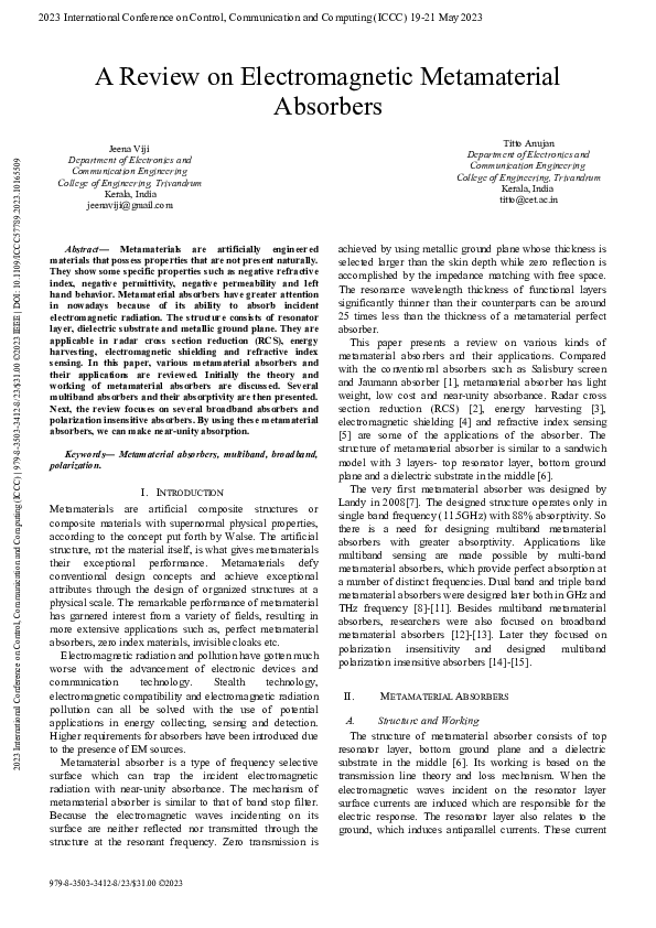 Pdf A Review On Electromagnetic Metamaterial Absorbers Titto Anujan