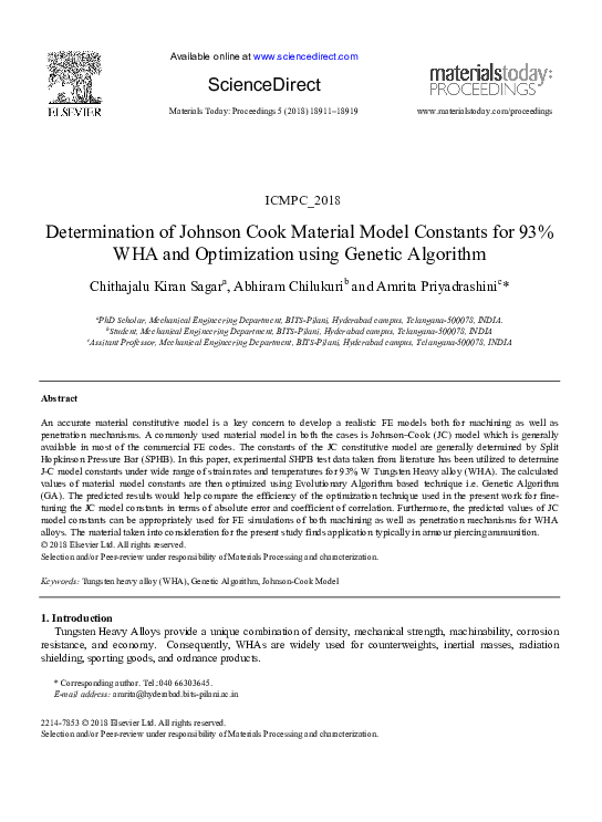 (PDF) Determination of Johnson Cook Material Model Constants for 93% WHA and Optimization using ...