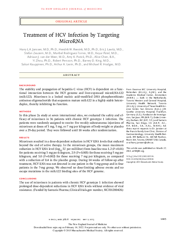 (PDF) Treatment of HCV Infection by Targeting MicroRNA