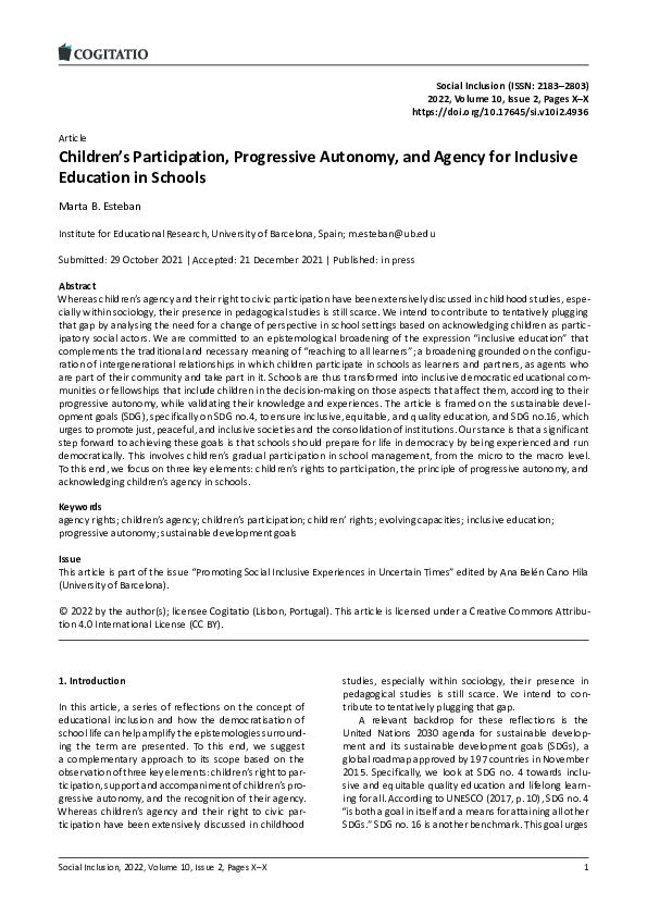 (PDF) Children’s Participation, Progressive Autonomy, and Agency for ...