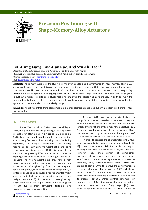 (PDF) Precision Positioning with Shape-Memory-Alloy Actuators