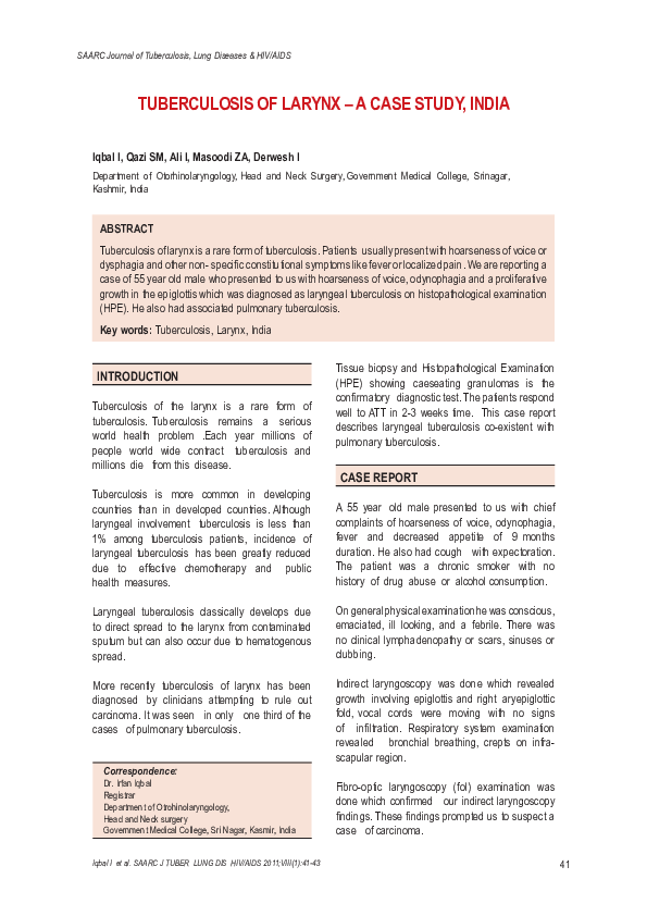 (PDF) Tuberculosis Of Larynx – A Case Study, India
