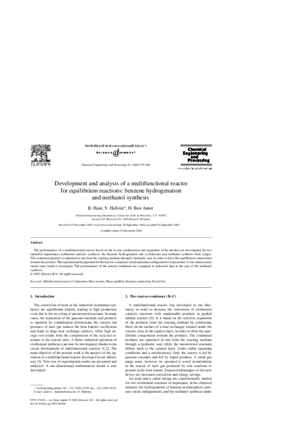 (PDF) Development and analysis of a multifunctional reactor for equilibrium reactions: benzene ...