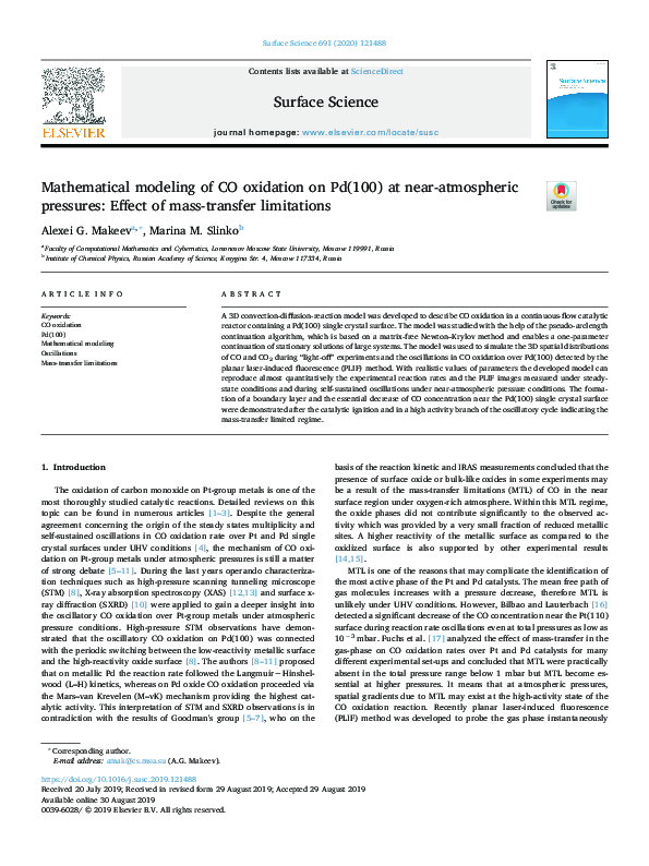 (PDF) Mathematical modeling of CO oxidation on Pd(100) at near ...