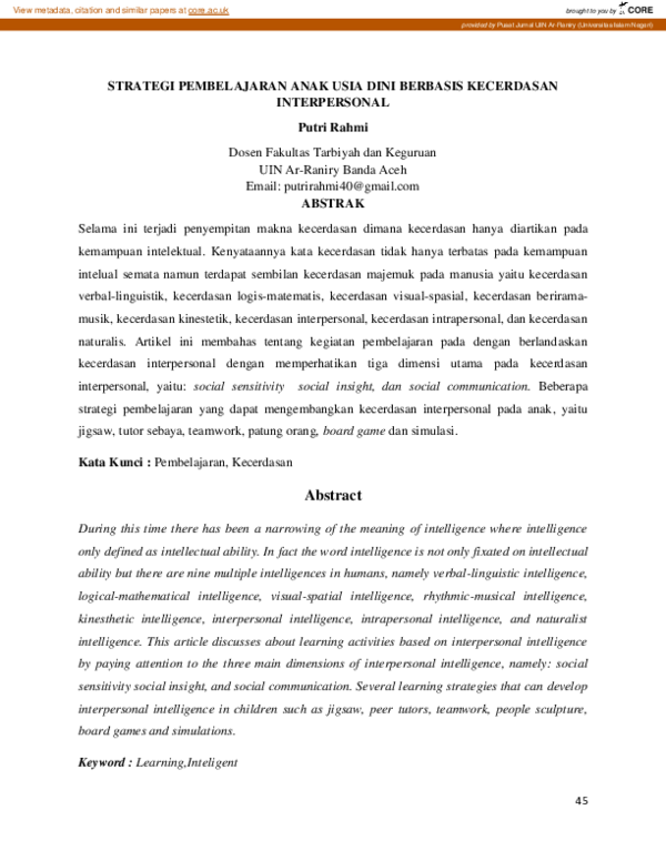 (PDF) Strategi Pembelajaran Anak Usia Dini Berbasis Kecerdasan Interpersonal