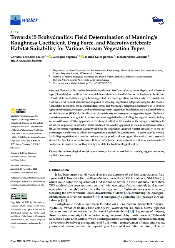(PDF) Towards i5 Ecohydraulics: Field Determination of Manning’s Roughness Coefficient, Drag ...