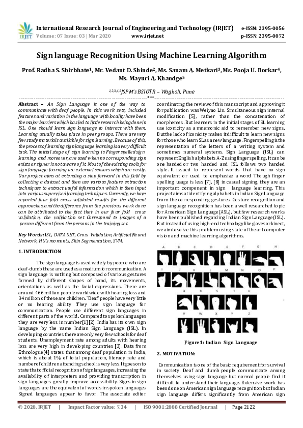 Pdf Sign Language Recognition Using Machine Learning Algorithm