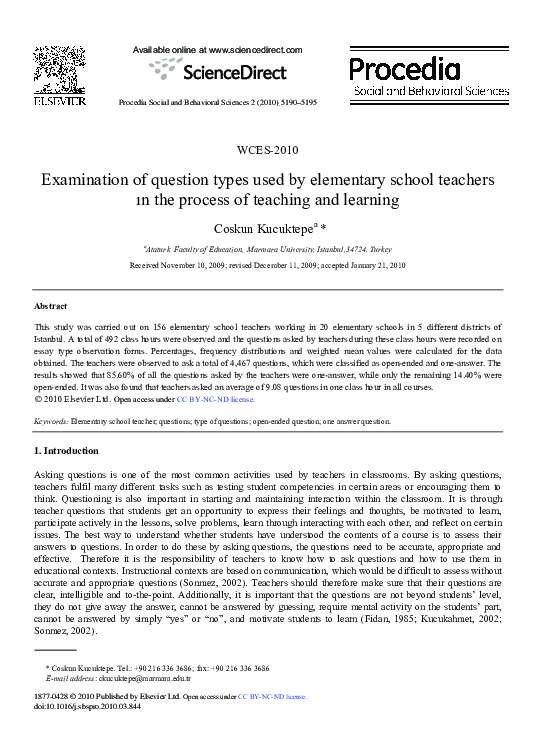 (PDF) Examination of question types used by elementary school teachers ın the process of ...