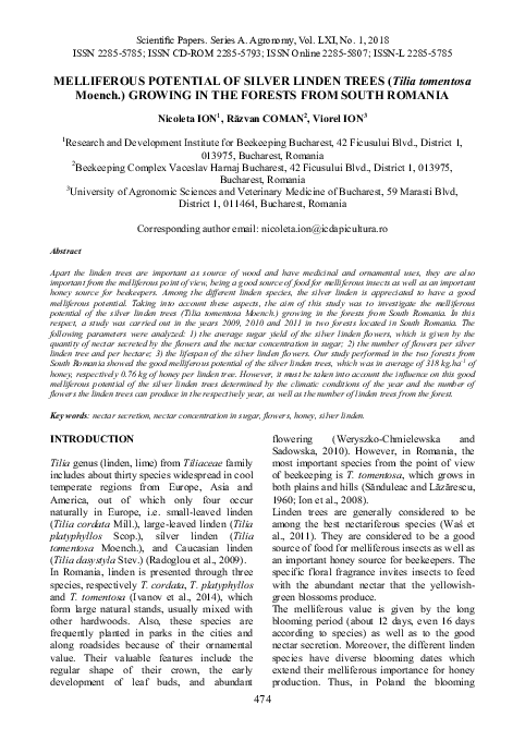 (PDF) MELLIFEROUS POTENTIAL OF SILVER LINDEN TREES (Tilia tomentosa ...
