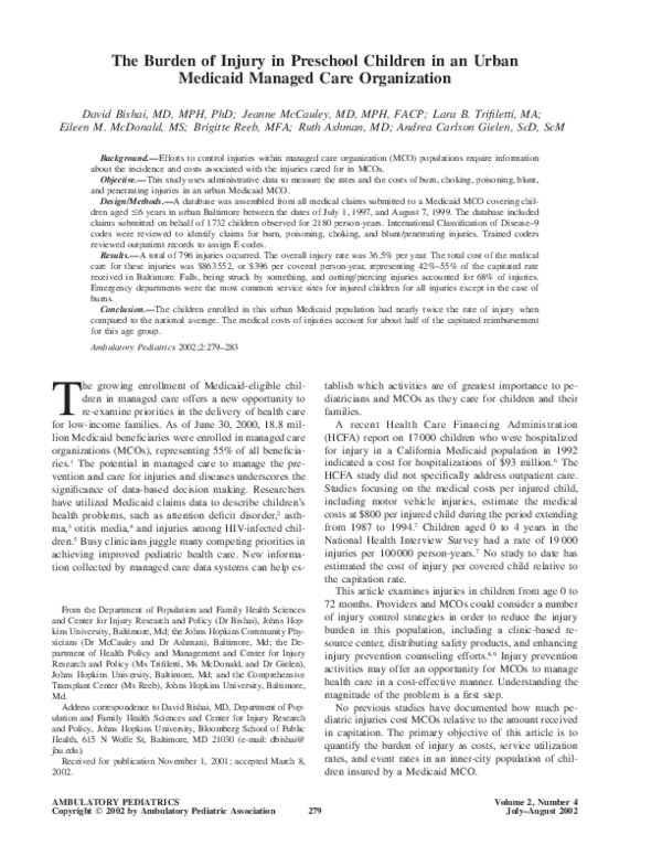 (PDF) The Burden of Injury in Preschool Children in an Urban Medicaid ...