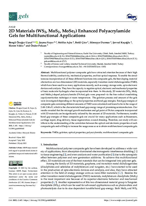 (PDF) 2D Materials (WS2, MoS2, MoSe2) Enhanced Polyacrylamide Gels for ...