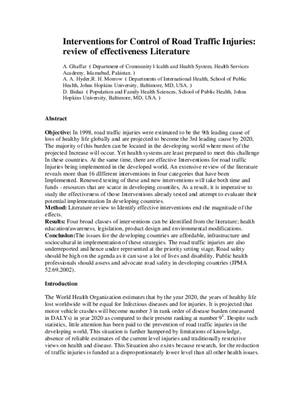 (PDF) Interventions for control of road traffic injuries: review of ...
