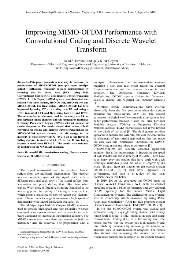 Pdf Improving Mimo Ofdm Performance With Convolutional Coding And Discrete Wavelet Transform 