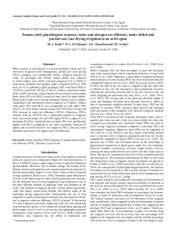 Pdf Tomato Yield Physiological Response Water And Nitrogen Use