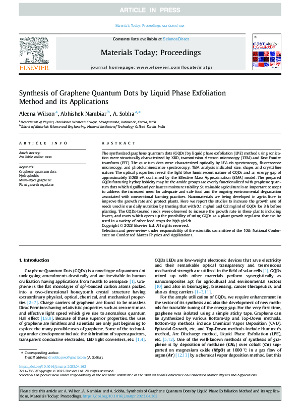 (PDF) Synthesis of Graphene Quantum Dots by Liquid Phase Exfoliation ...