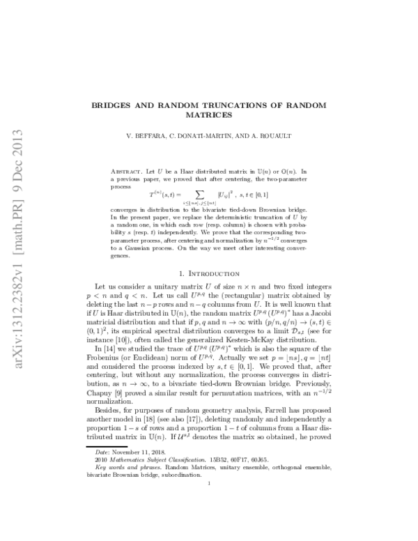 (PDF) Rouault Bridges and random truncations of random matrices Random ...