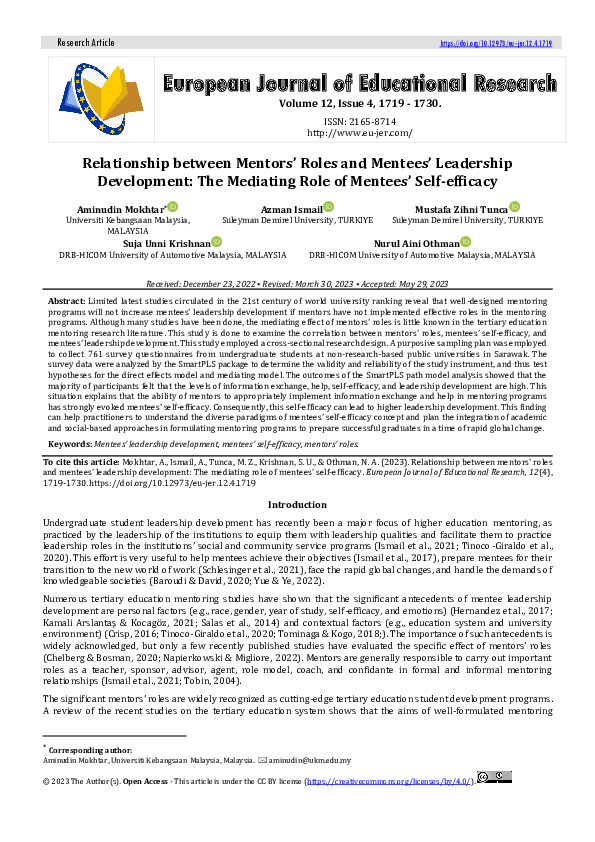 (PDF) Relationship between Mentors’ Roles and Mentees’ Leadership Development: The Mediating ...