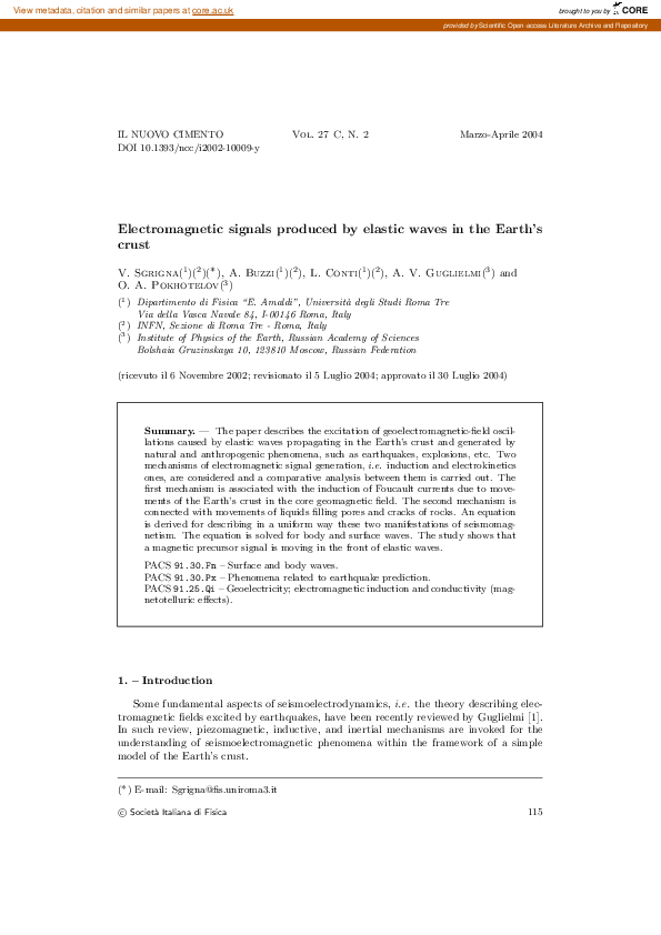 (PDF) Electromagnetic signals produced by elastic waves in the Earth's ...