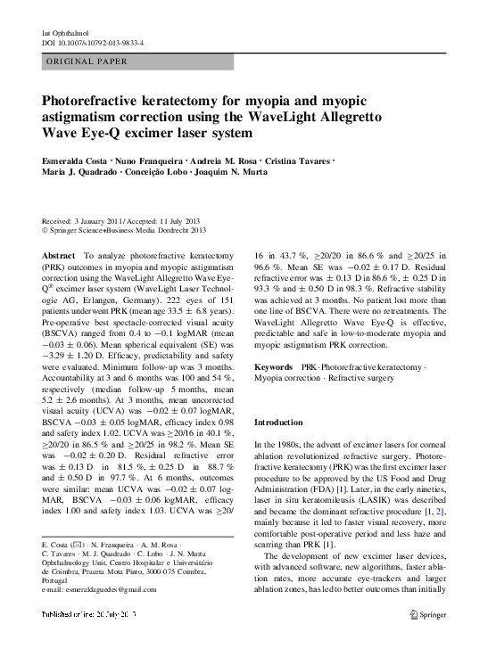 (PDF) Photorefractive keratectomy for myopia and myopic astigmatism ...