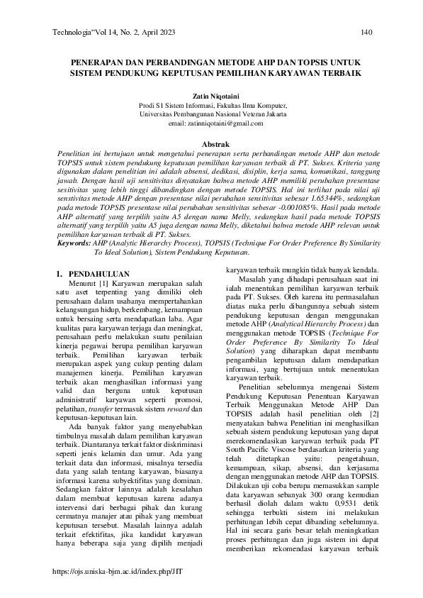 (PDF) Penerapan Dan Perbandingan Metode Ahp Dan Topsis Untuk Sistem Pendukung Keputusan ...